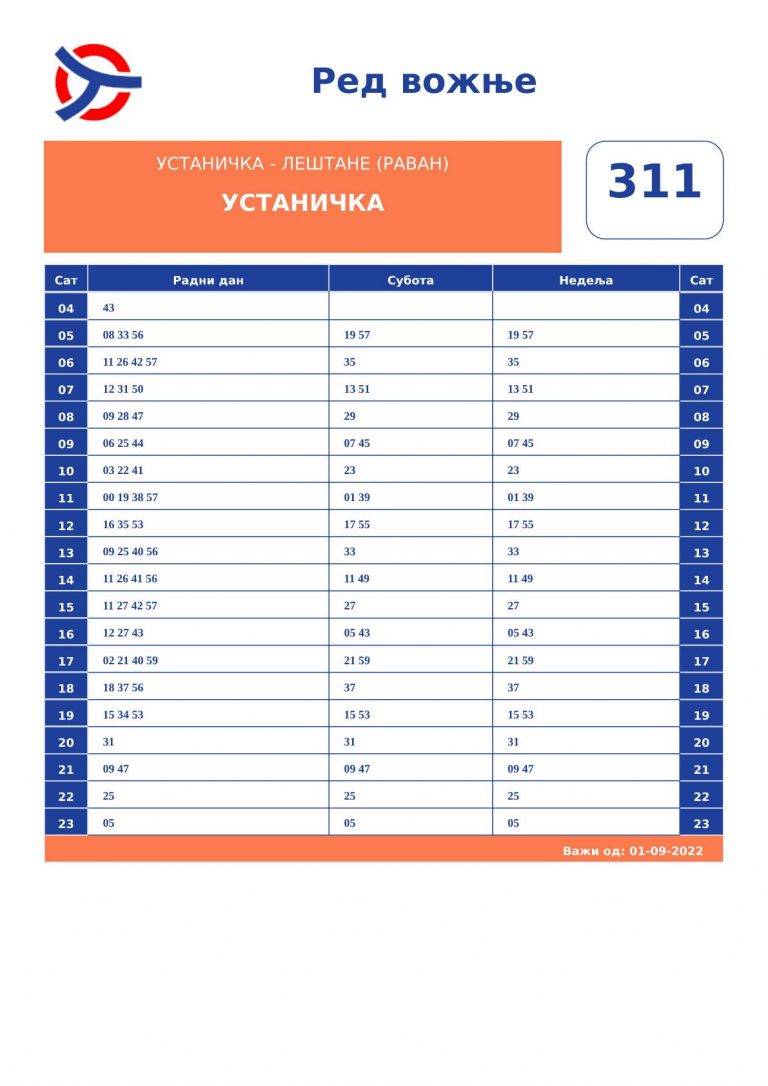 Red vožnje na liniji 311 Ustanička - Leštane (Ravan)